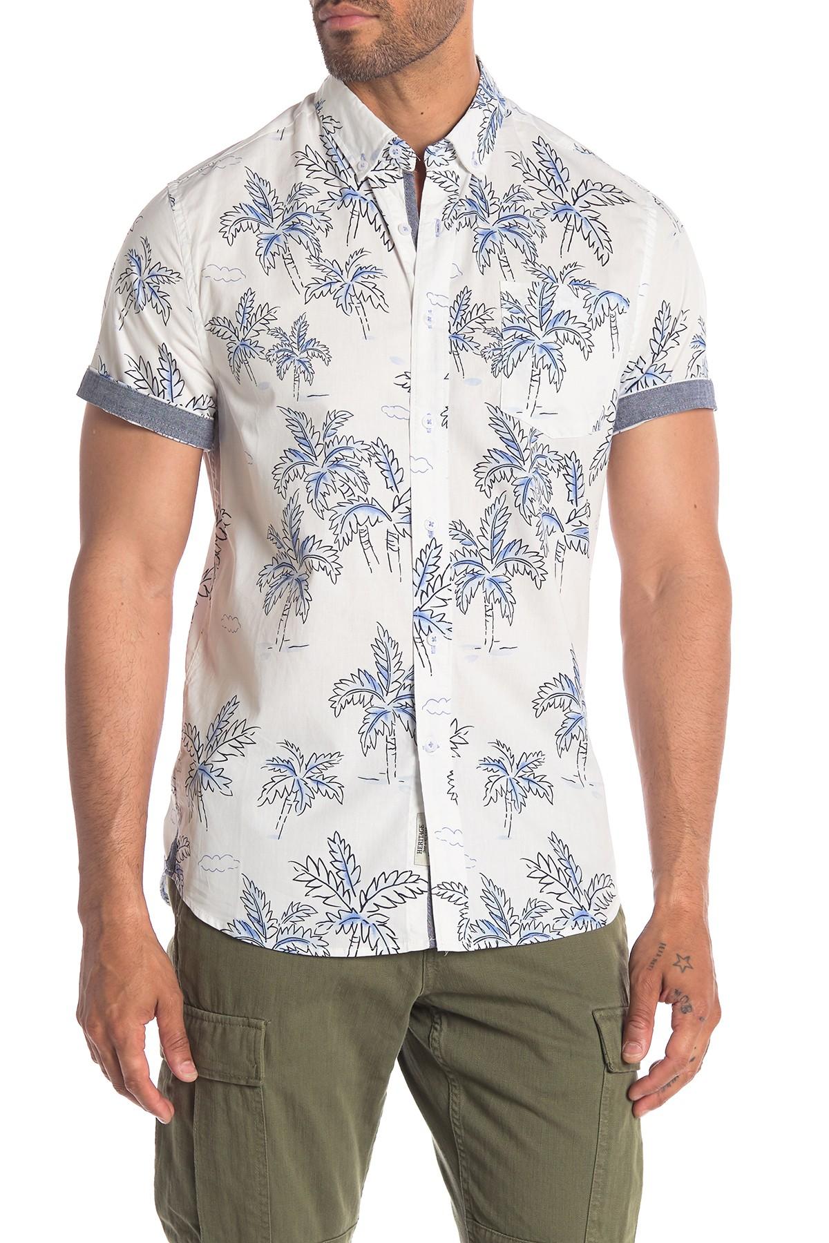 Heritage Cotton Short Sleeve Palm Tree Slim Fit Hawaiian Shirt in White ...