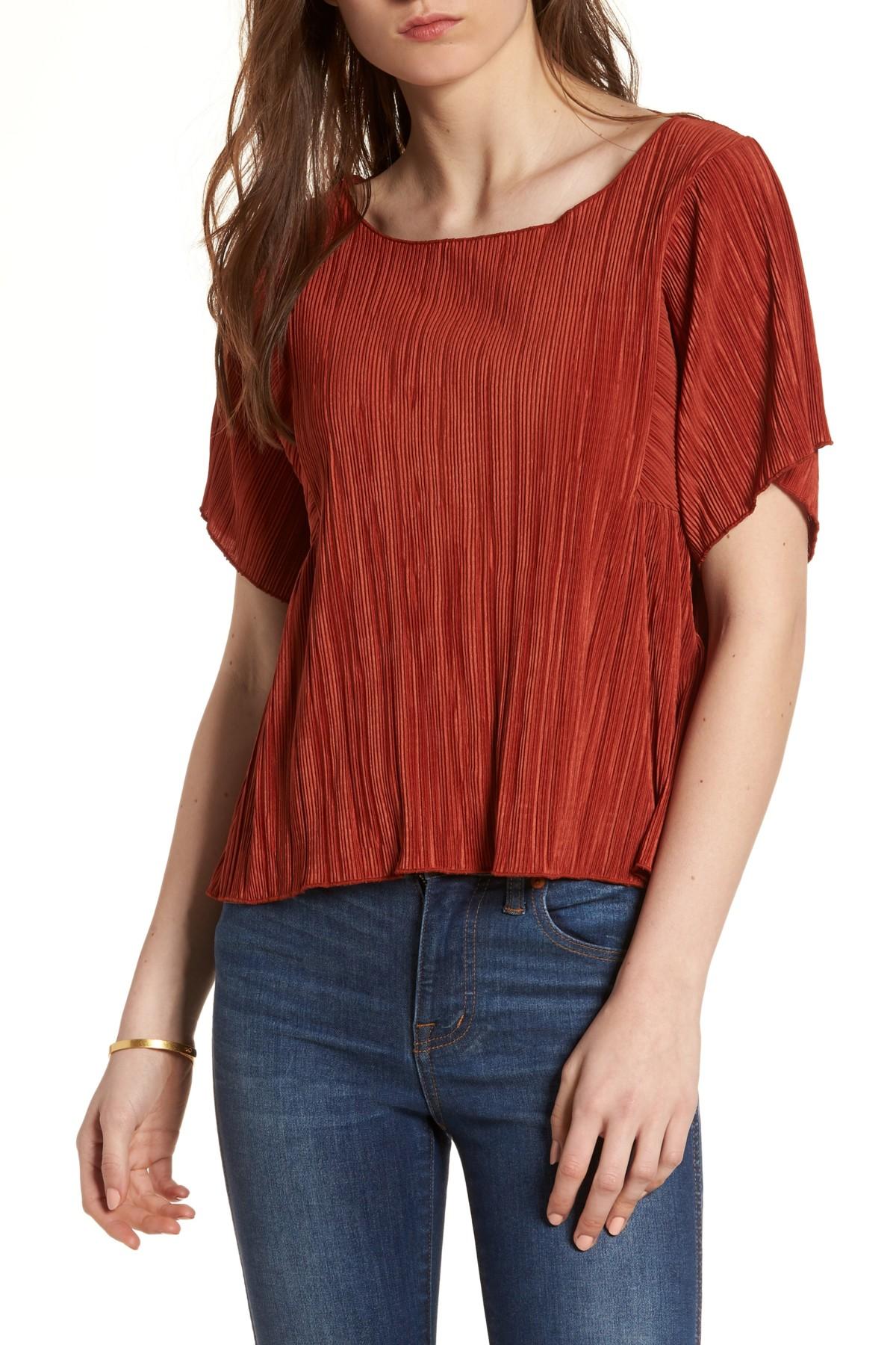 Madewell Pleated Short Sleeve Top in Red - Lyst