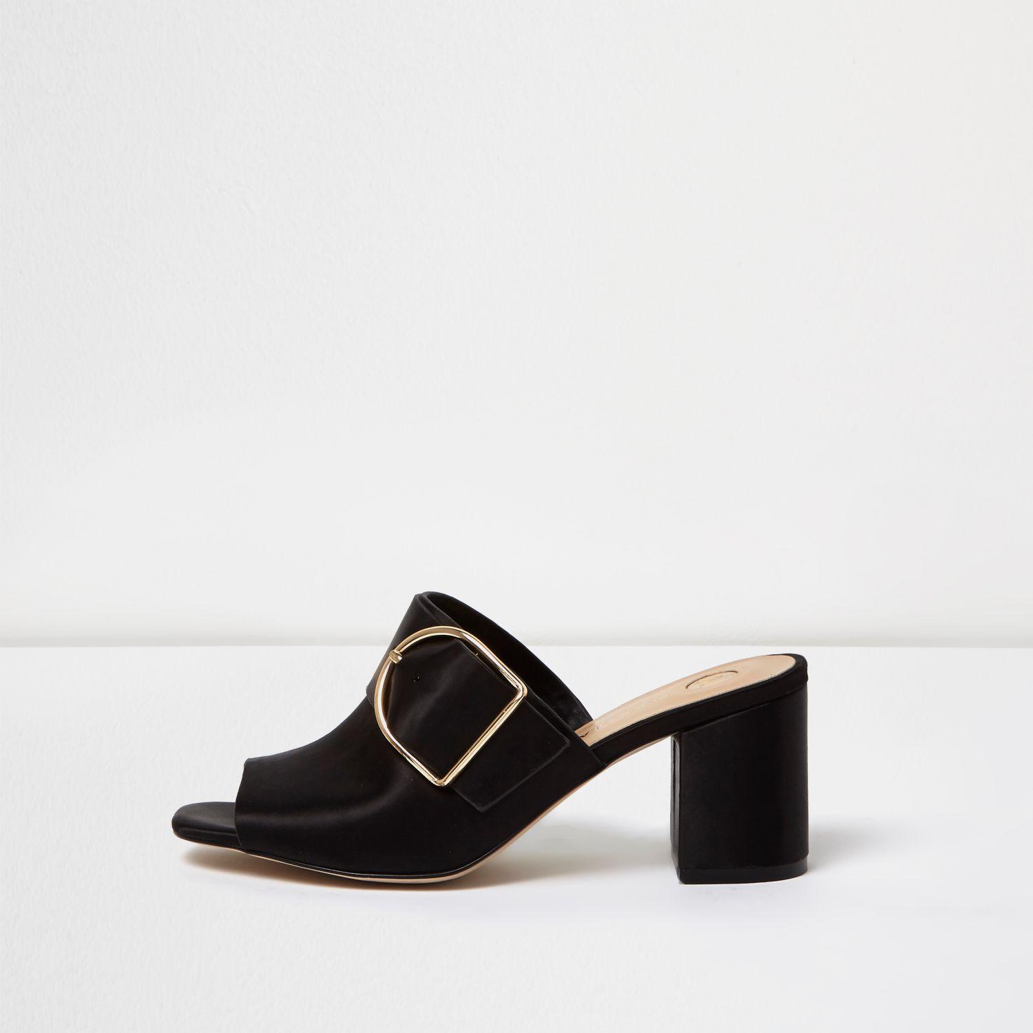 River Island Black Satin Buckle Mules in Black - Lyst