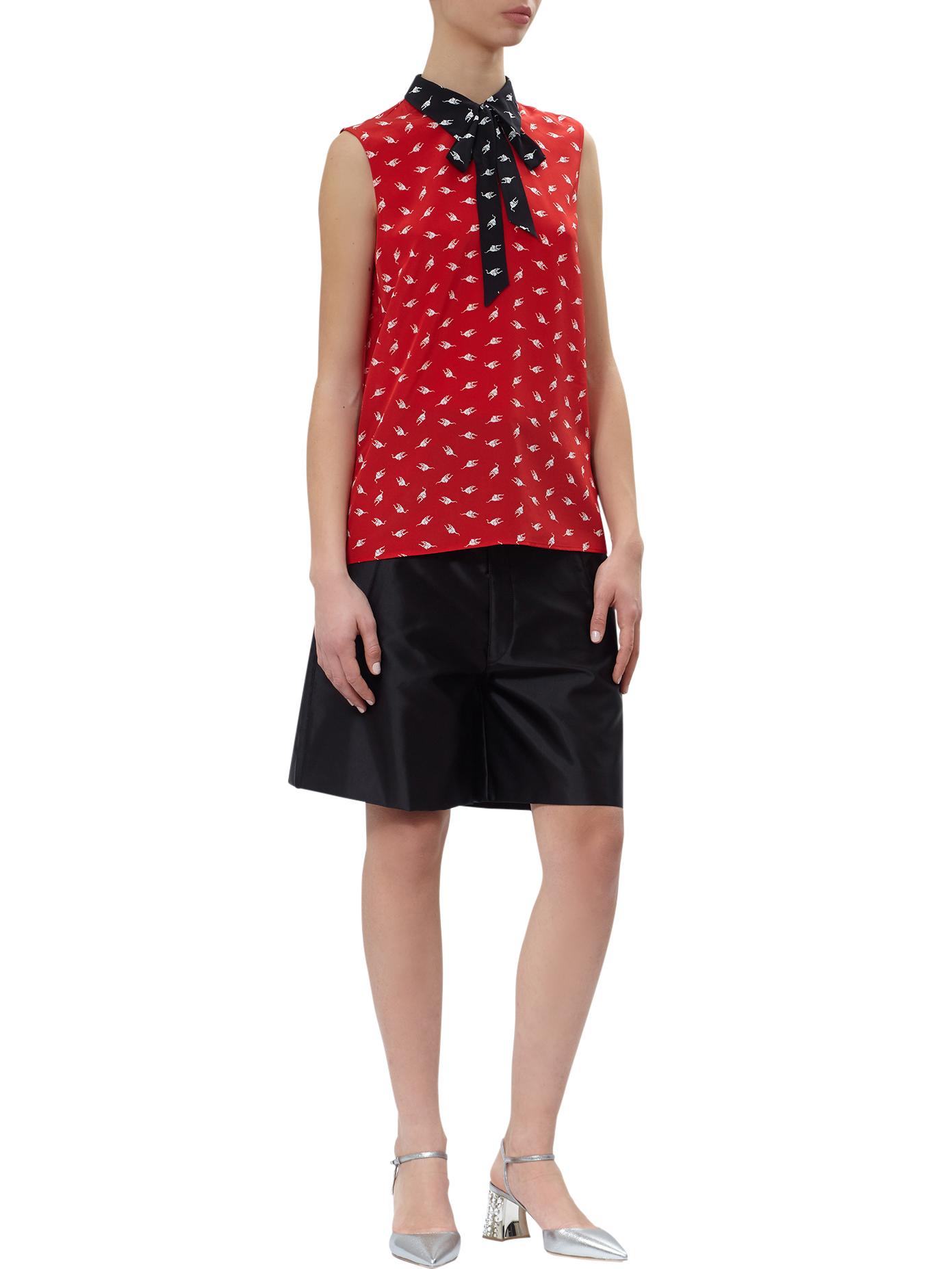 Miu miu Sleeveless Silk Shirt With Cat Print in Red | Lyst